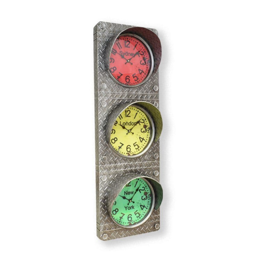 Large Vertical Iron Plated Traffic Lights Triple Wall Clock– Clumzy